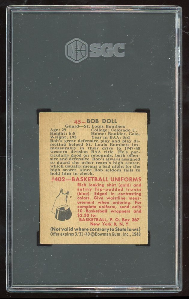 Collector Investor Auctions - 1948 Bowman #45 Bob Doll RC Blue Variation SGC 6 EXMT CENTERED