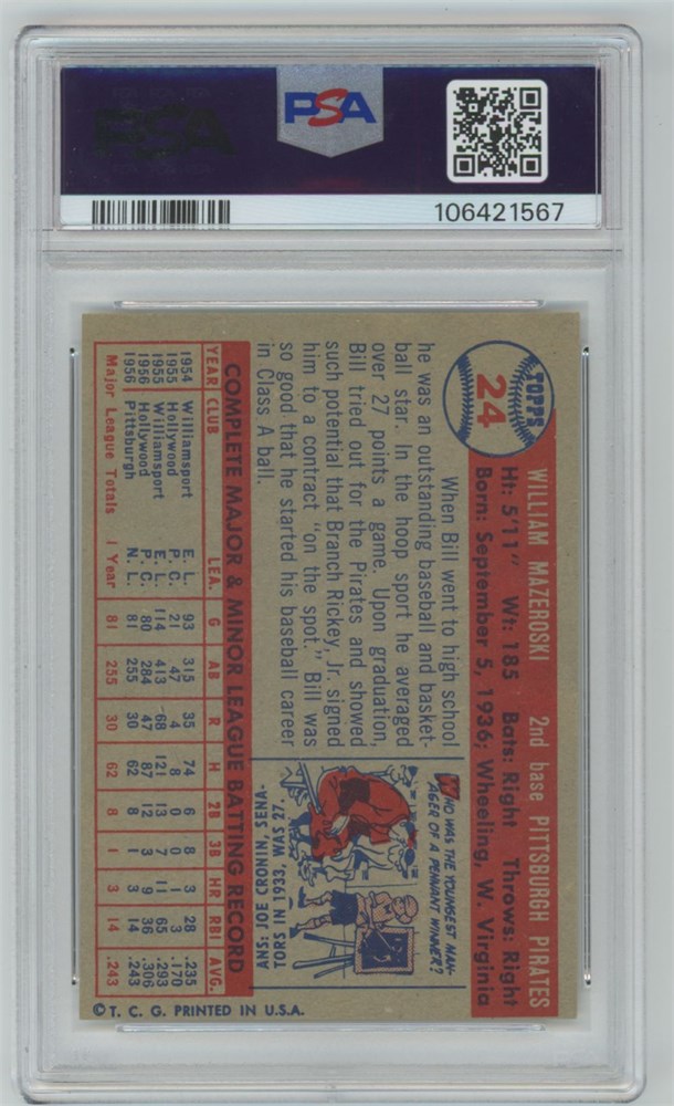 Collector Investor Auctions - 1957 Topps #24 Bill Mazeroski RC PSA ...